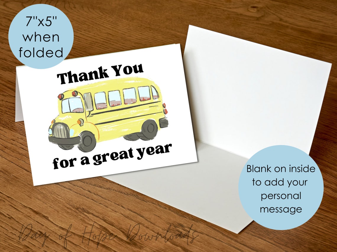 Printable Bus Driver Thank You Card, Thank You for a Great Year for ...
