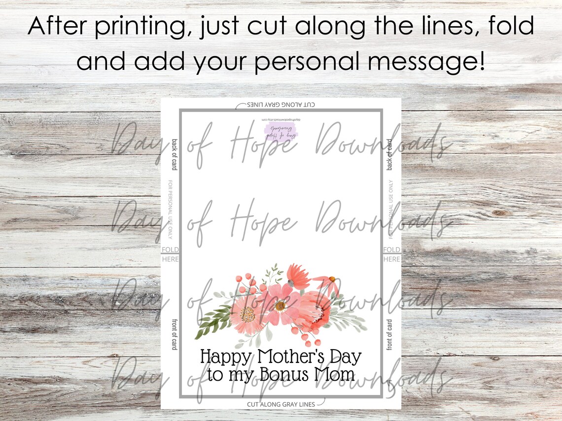 Printable Mothers Day Card for Bonus Mom | Happy Mother's Day to My ...