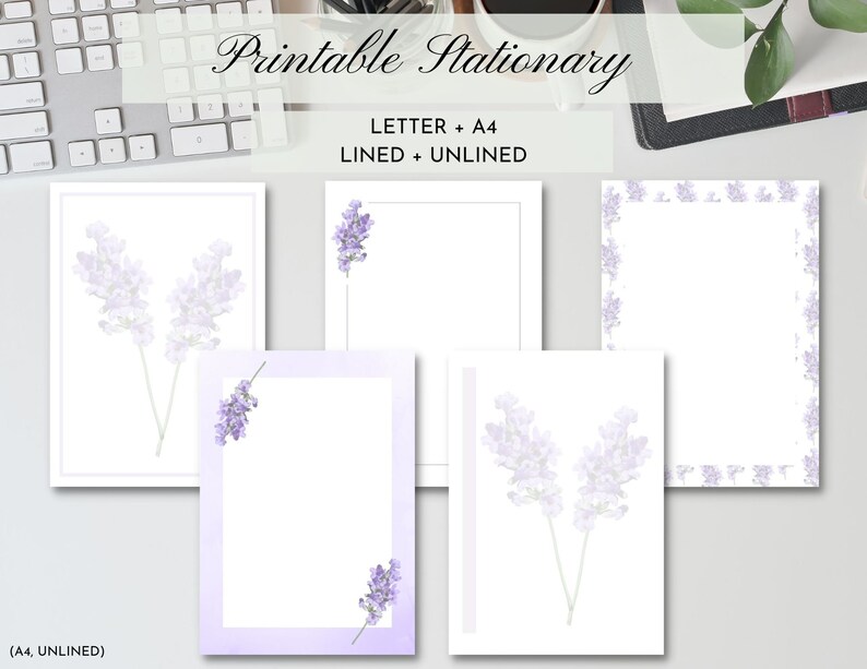 Printable Stationary, Lavender Theme, Set of 10: Letter Size and A4 ...
