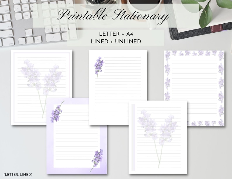 Printable Stationary, Lavender Theme, Set of 10: Letter Size and A4 ...
