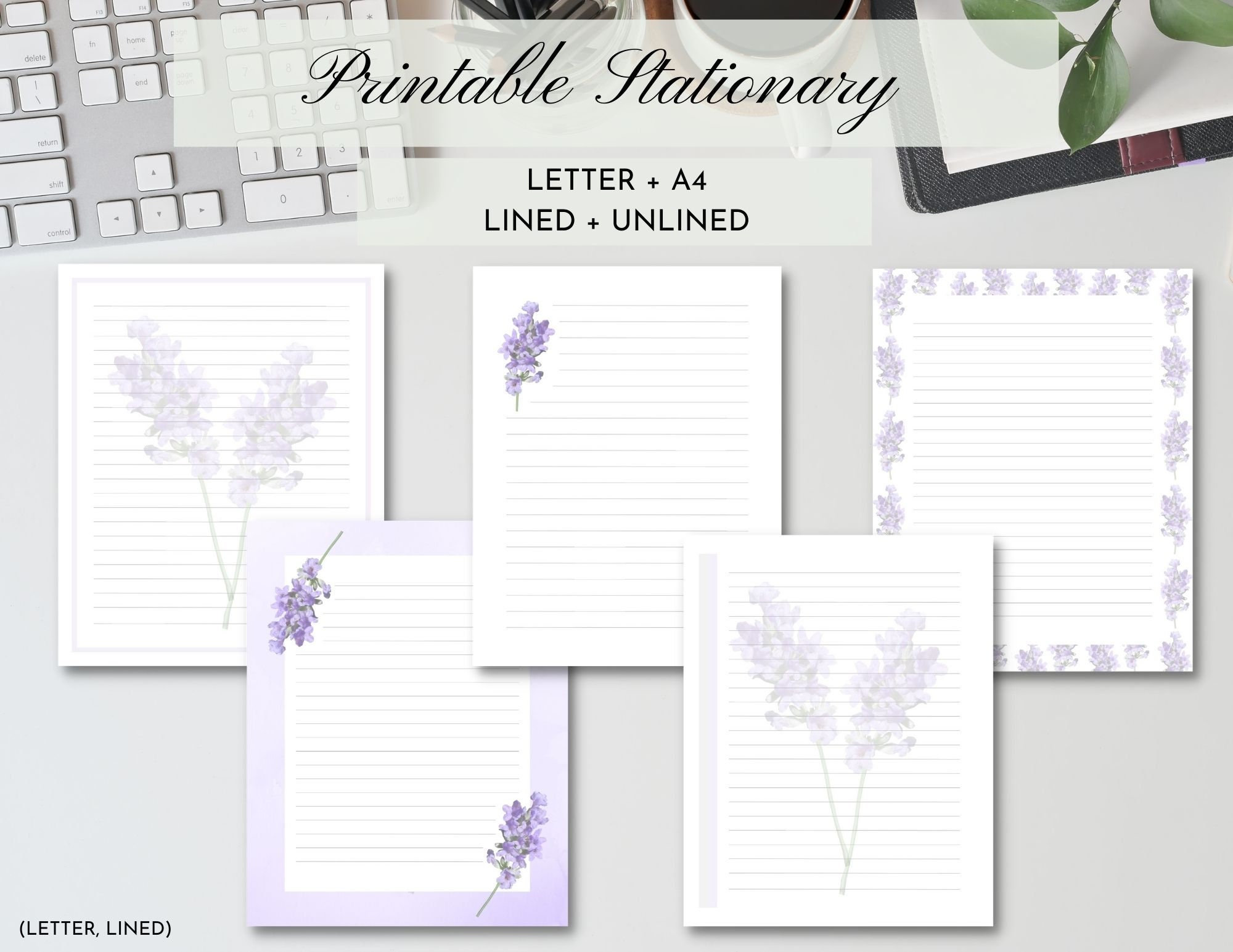 Printable Stationary, Lavender Theme, Set of 10: Letter Size and A4 ...