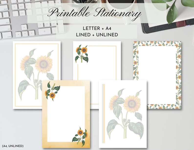 Printable Stationary, Sunflower Theme, Set of 10: Letter Size and A4 ...