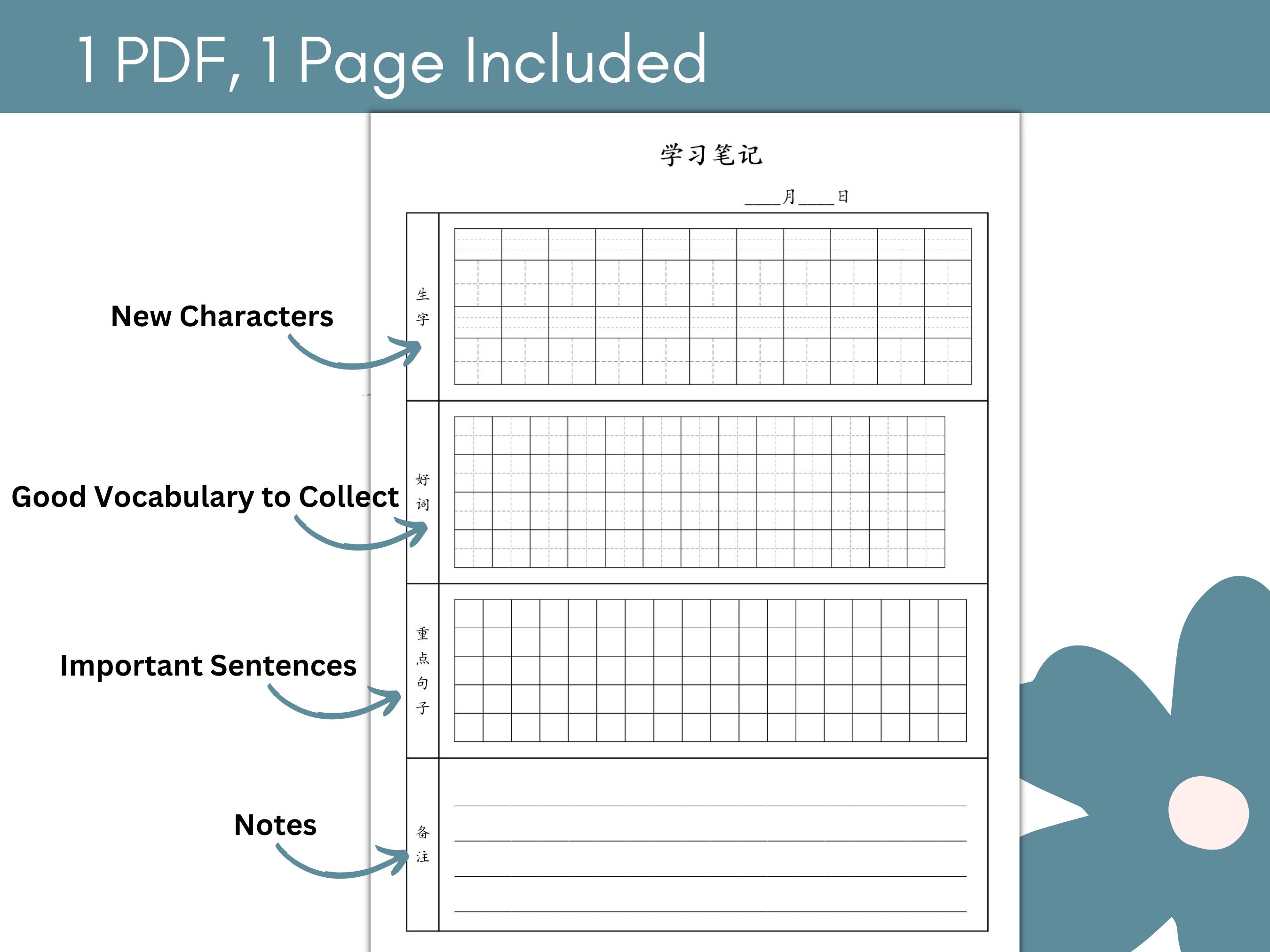 Chinese Learning Notes Template, Printable Notes Taking Sheet, Digital ...