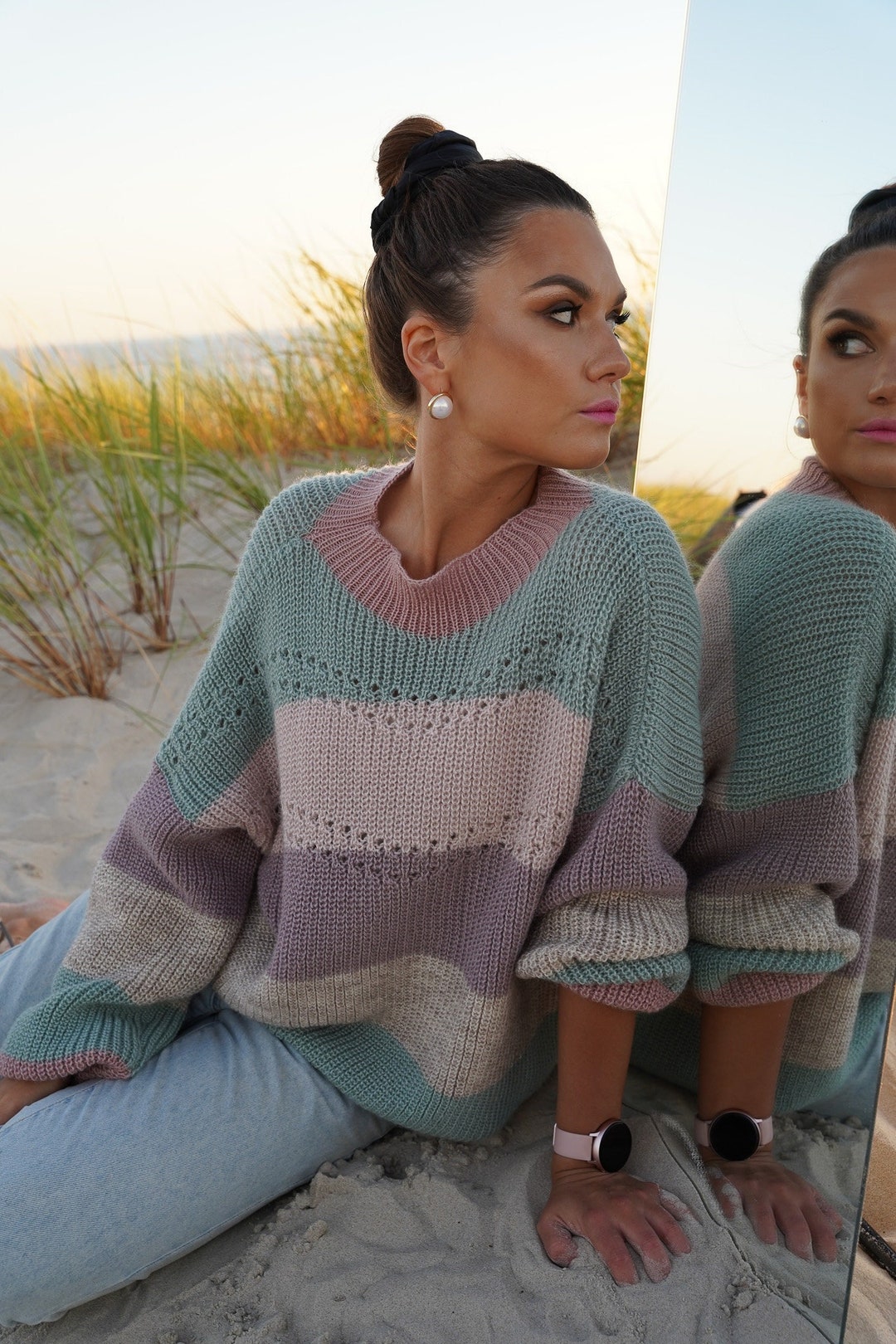 Pull en laine rayé ample tricoté à la main pour femmes, pull surdimensionné baggy unique fait à ...