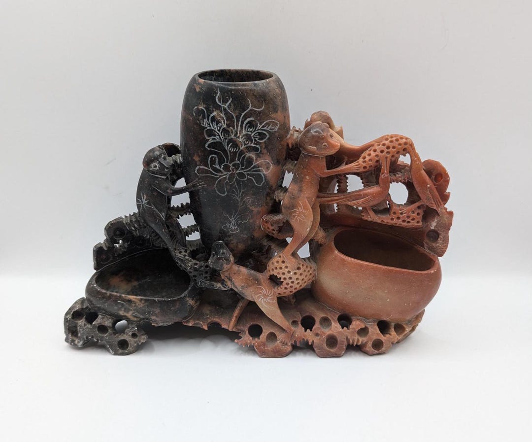 Large Vintage Asian Chinese Carved Soapstone Monkey Lemur Animal Vase ...