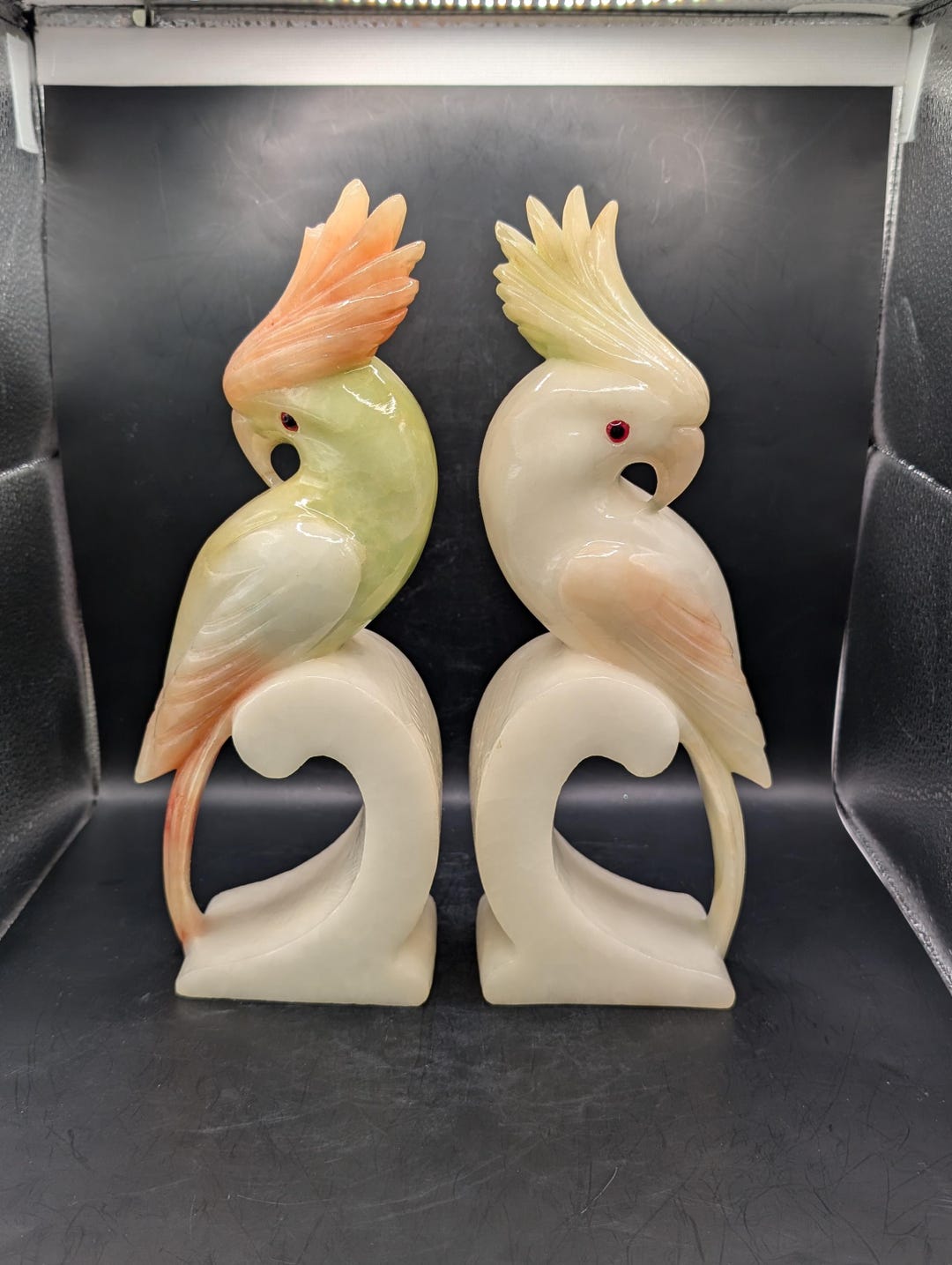 Vintage Carved Genuine Alabaster Cockatoo Parrot Bird Bookends Made in ...