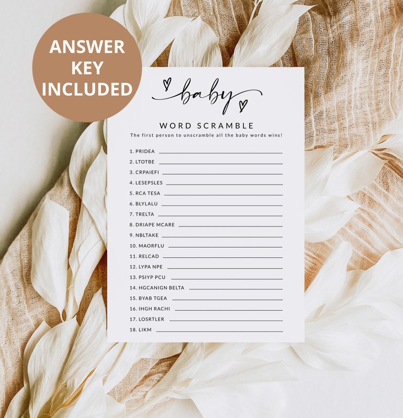 Baby Shower Word Scramble With Answer Key | Baby Shower Game | Baby ...