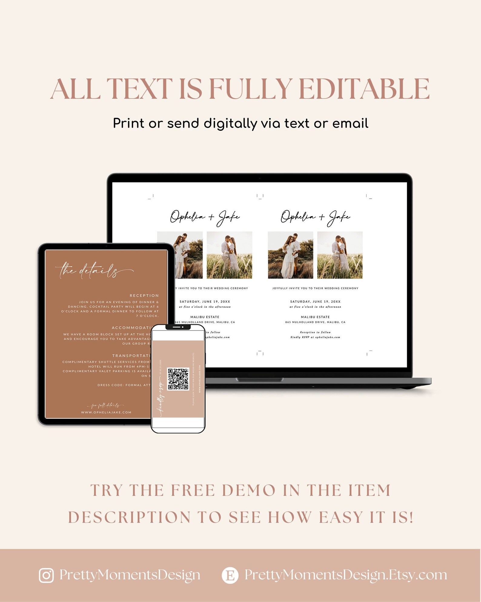 3 Piece Wedding Invitation Template Suite With QR Code Rsvp - Etsy