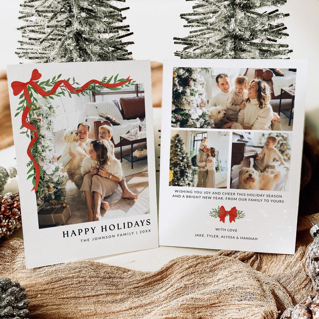 Christmas Card Template Red Bow, Photo Holiday Card, Family Photo ...
