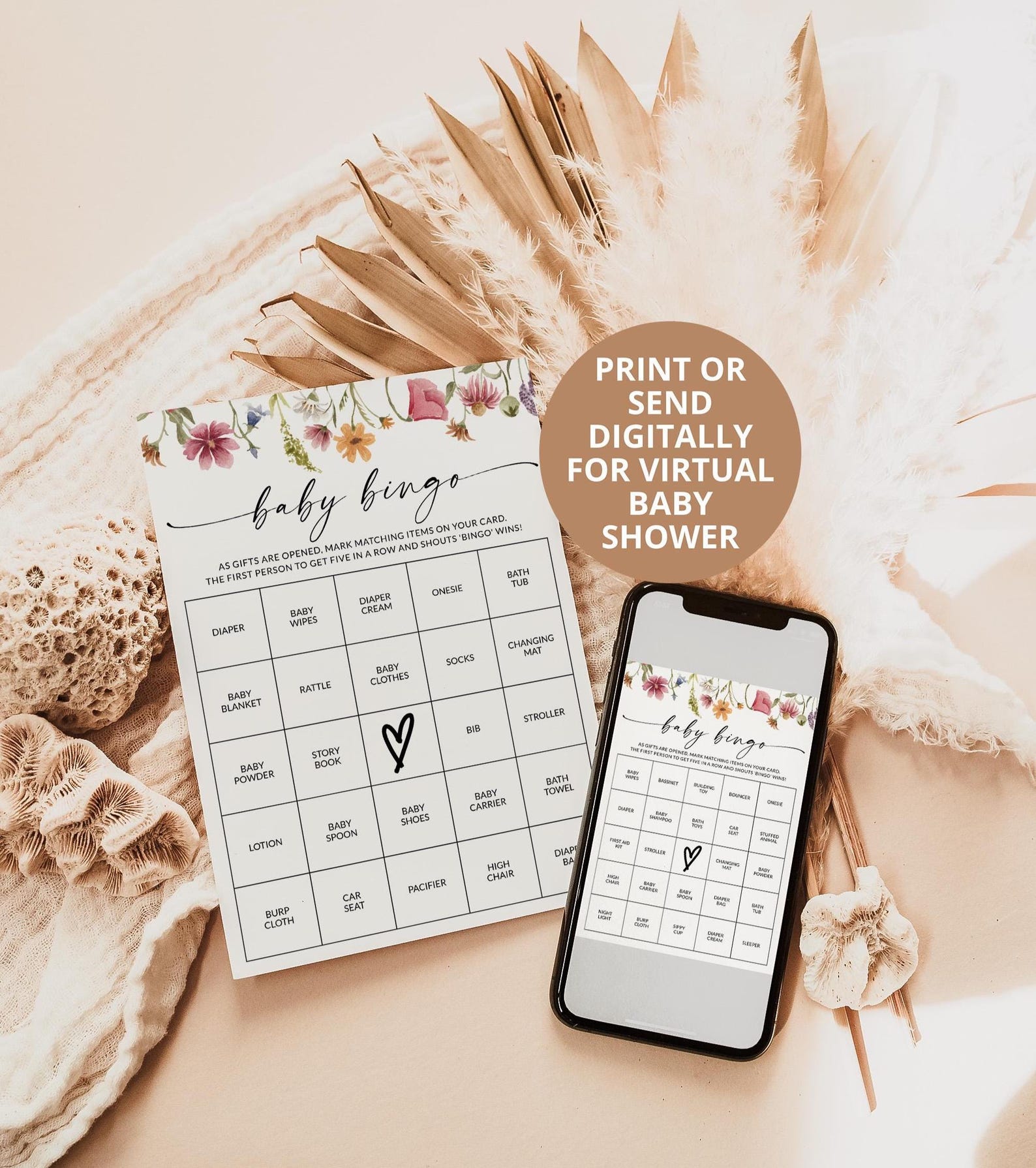 Wildflower Baby Shower Bingo, 60 Prefilled Baby Bingo Cards, Baby Bingo ...