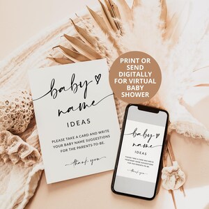 Baby Name Ideas Sign and Cards, Baby Name Suggestions, Baby Shower ...