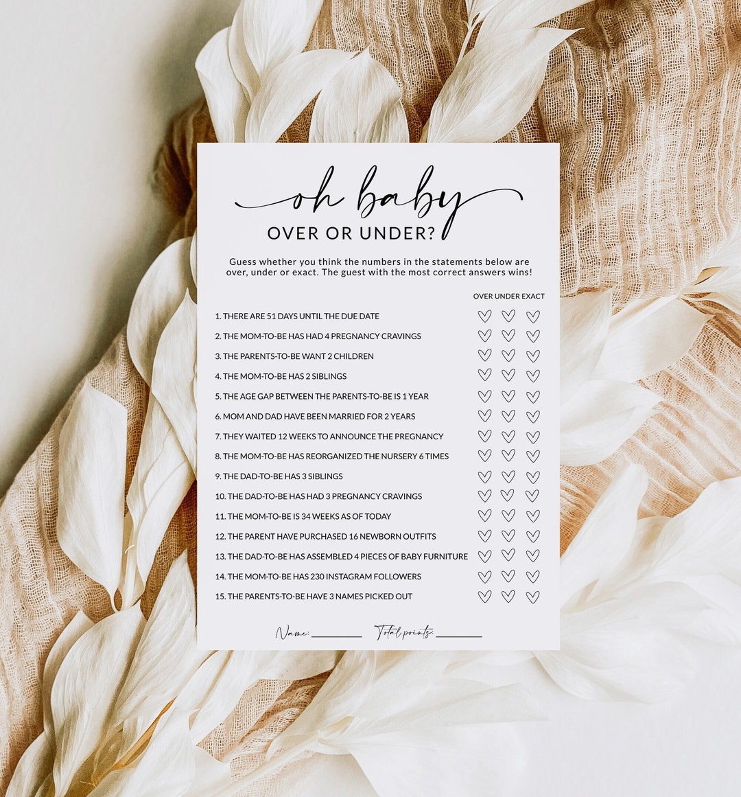Over or Under Baby Shower Game | Over or Under Game | Over or Under ...