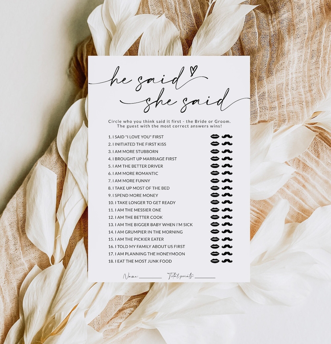 He Said She Said Game He Said She Said Game Card Wedding Game Bridal ...