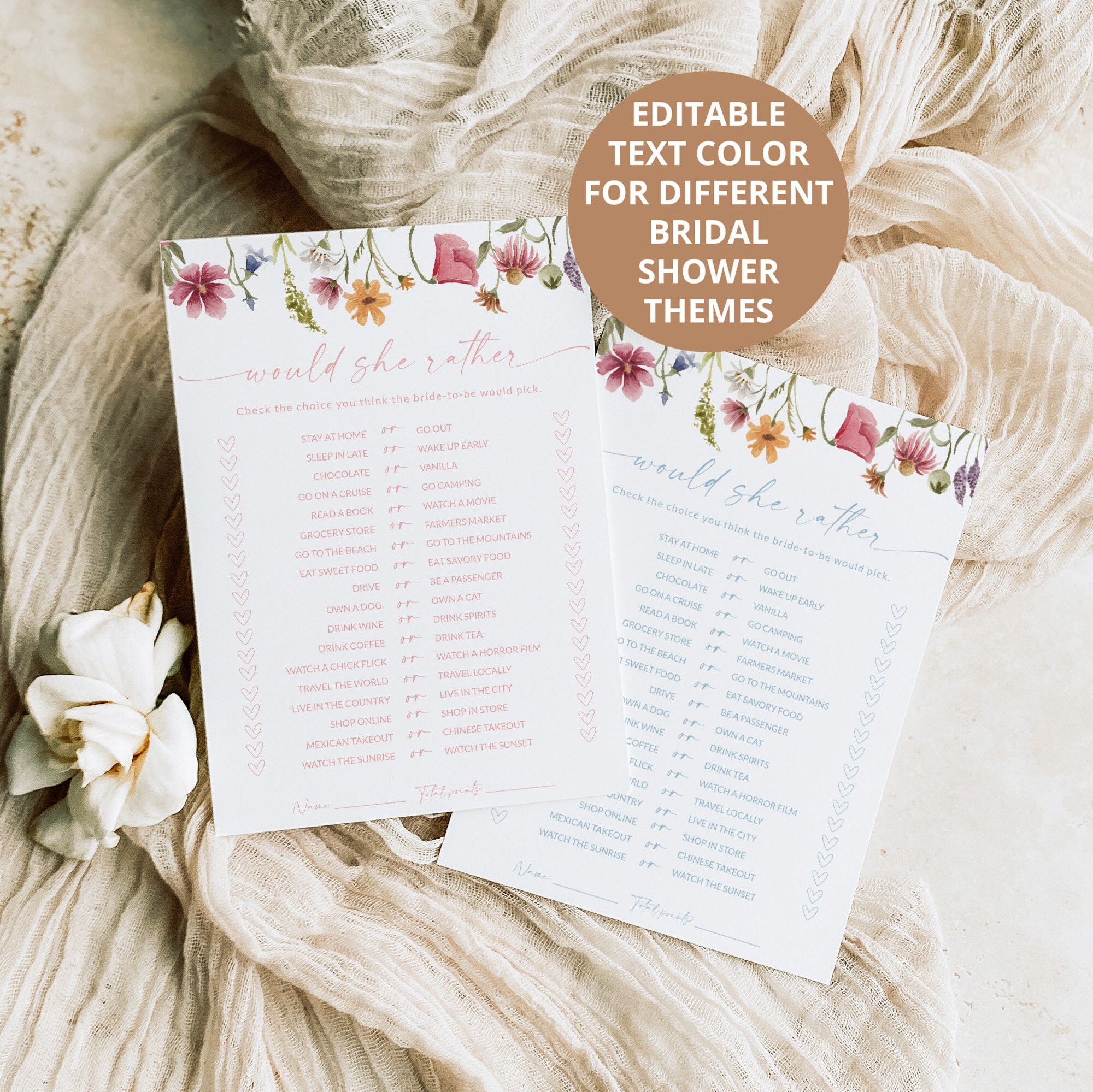 Would She Rather Wildflower Bridal Shower Game, Would the Bride Rather ...