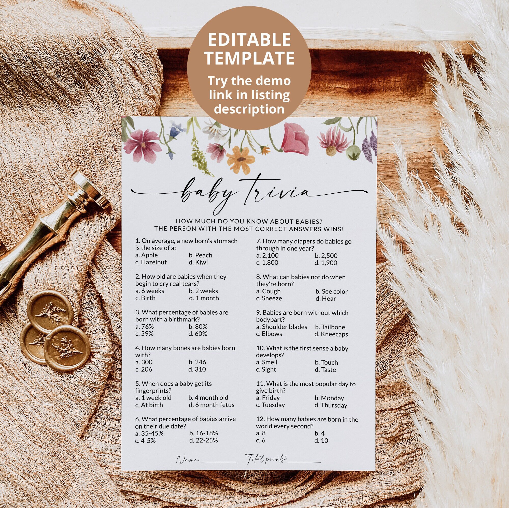 Baby Trivia Game Wildflower, Floral Baby Shower Trivia, Trivia Question ...