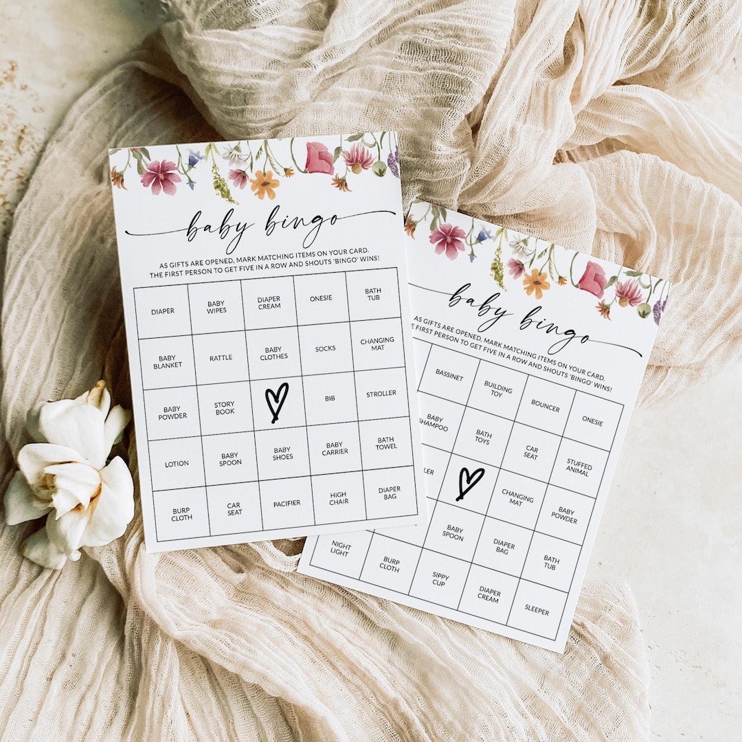 Wildflower Baby Shower Bingo, 60 Prefilled Baby Bingo Cards, Baby Bingo ...