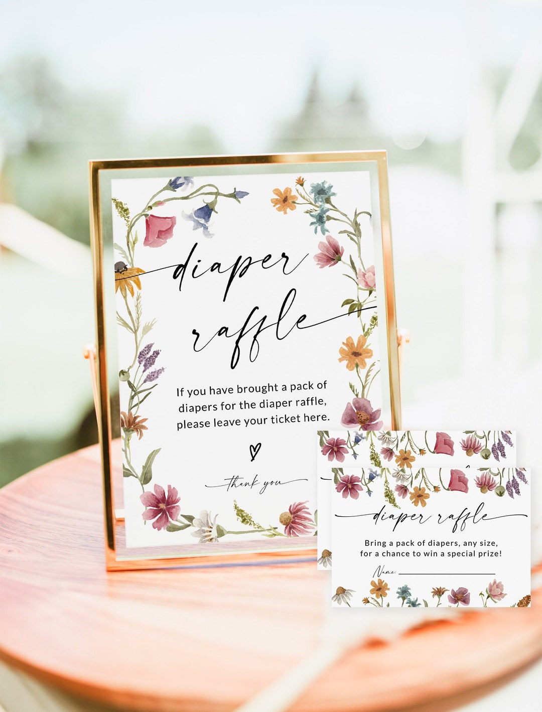 Diaper Raffle Sign and Ticket, Wildflower Baby Shower Game, Diaper ...