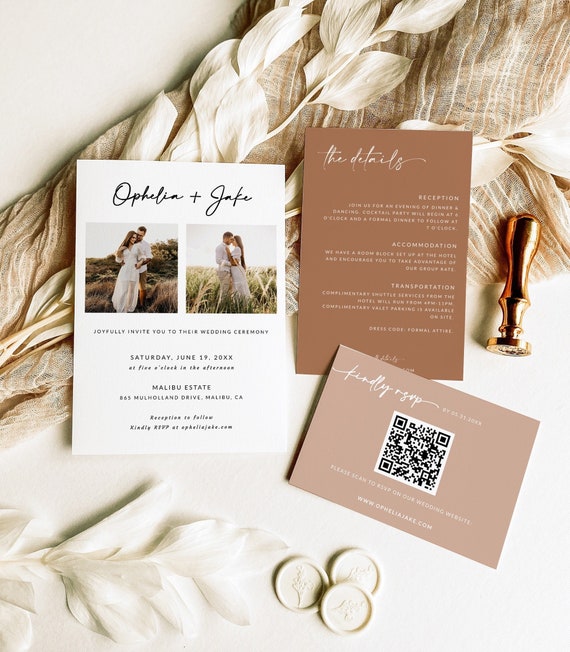 3 Piece Wedding Invitation Template Suite With QR Code Rsvp - Etsy