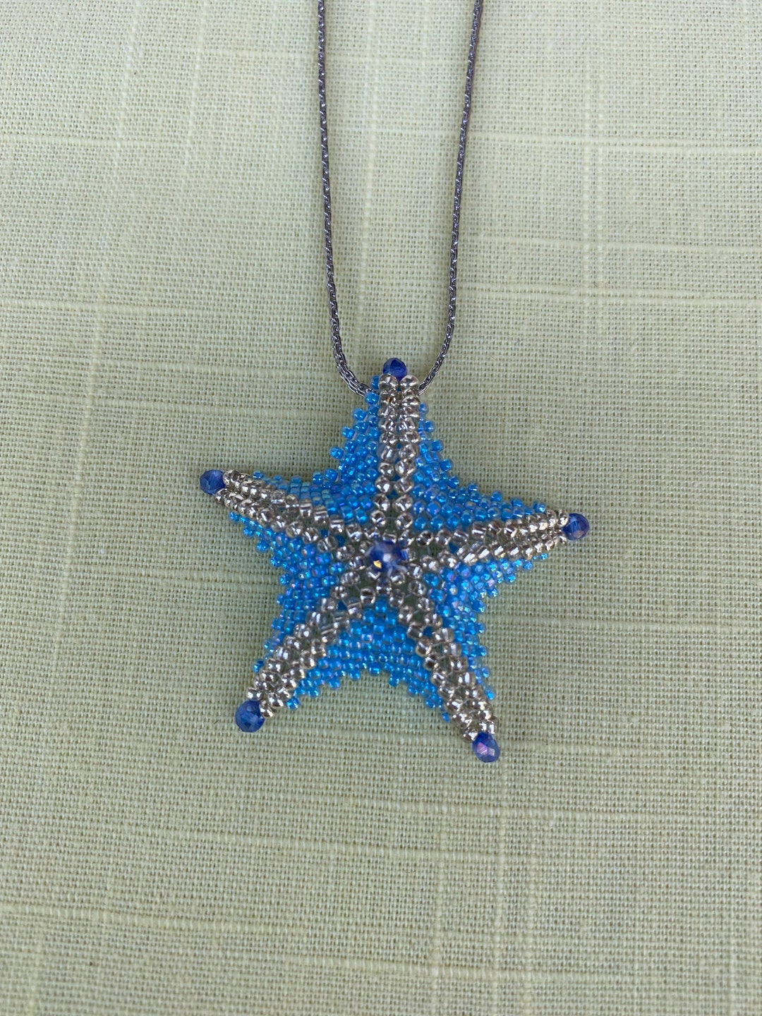 Beaded Starfish Necklace Seed Bead Blue Silver Peyote - Etsy