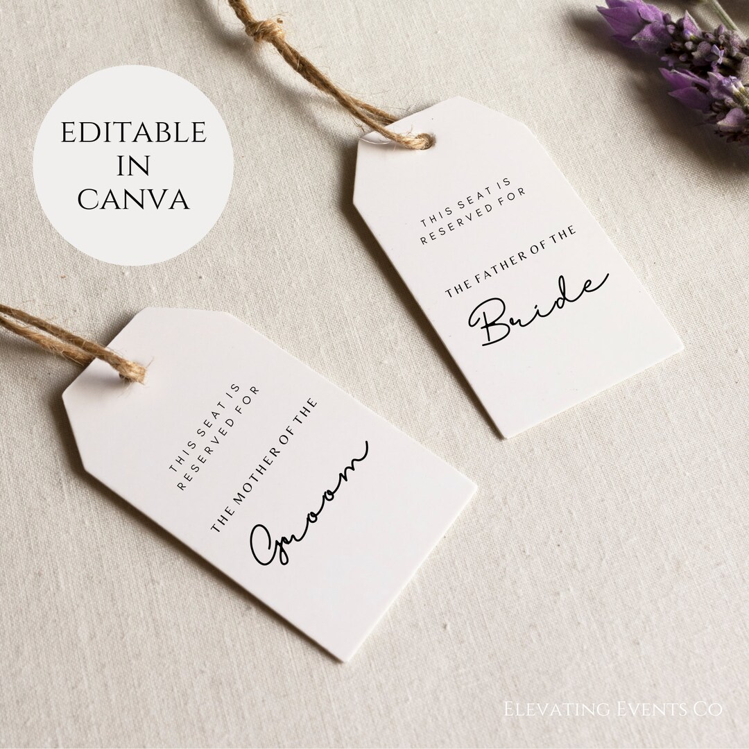 Minimalist Wedding Reserved Seat Tags, DIY Editable Template (digital ...