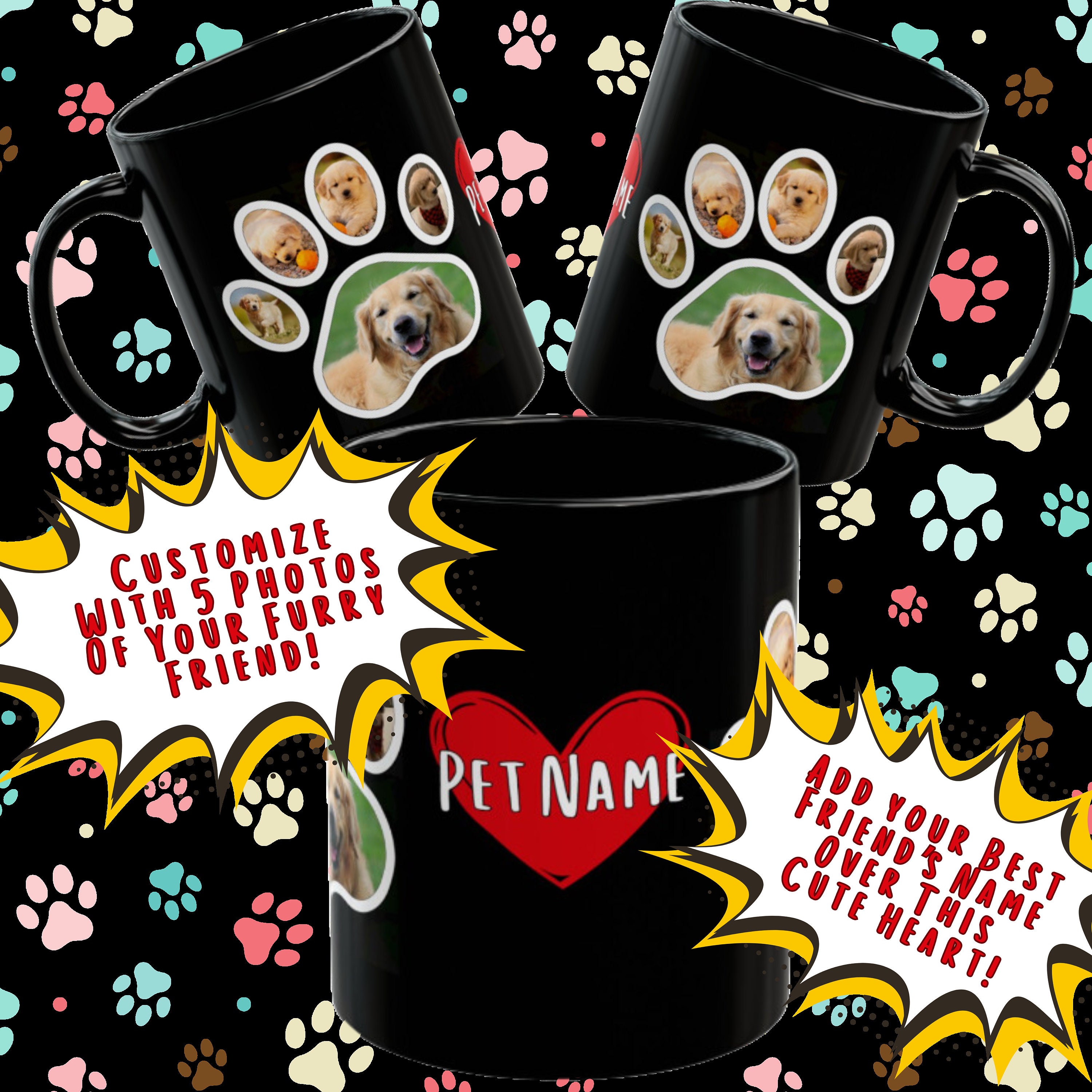 Customizable Pet Paw Print Photo Collage Coffee Mug With Name of Your ...