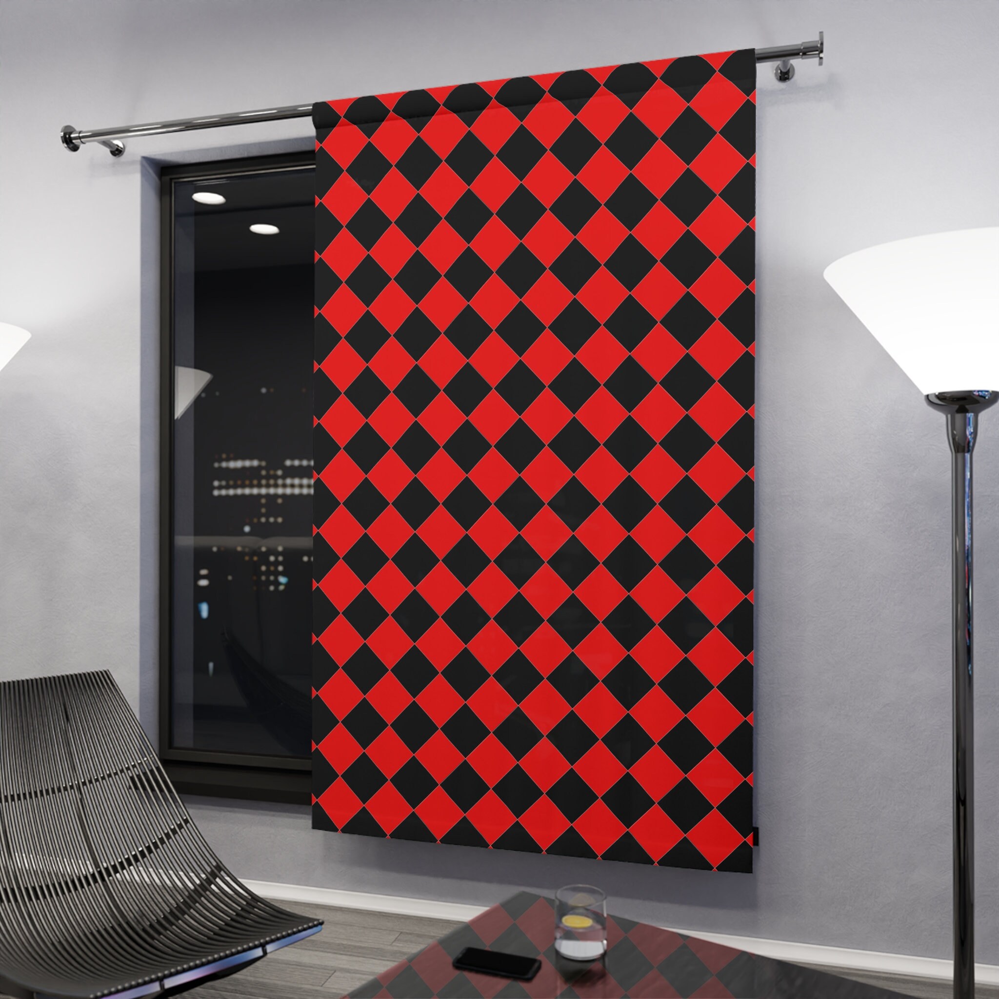 Red and Black Diagonal Checkered Pattern Design Window Curtain 1 Piece ...