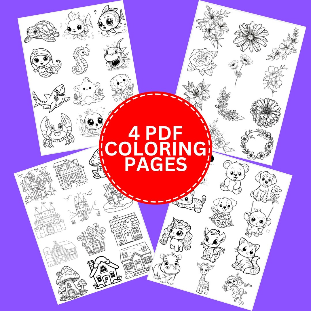 4 Page Coloring Printables With Cute Animals Houses and Flowers PDF ...