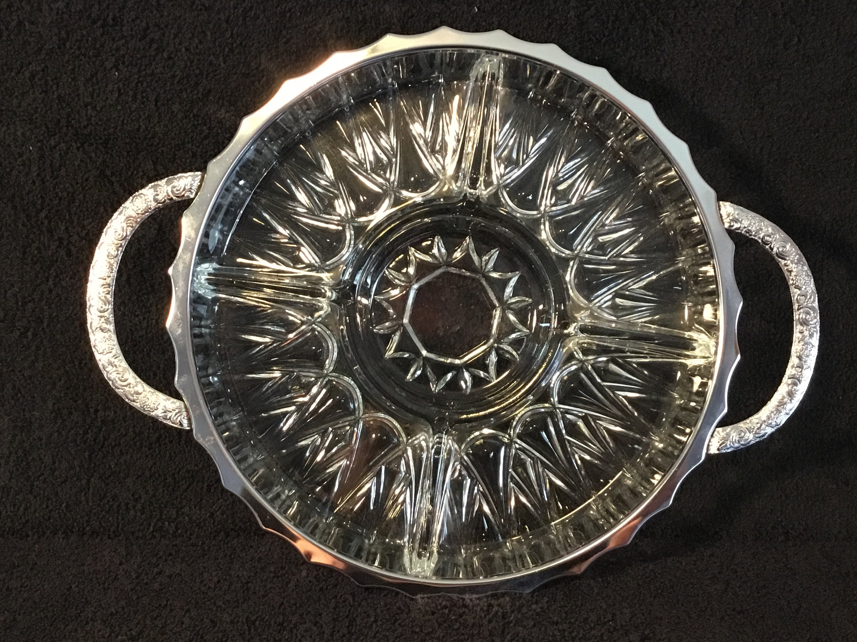 A Silver Plated Crystal Serving Platter Stamped Queen Ann England With ...