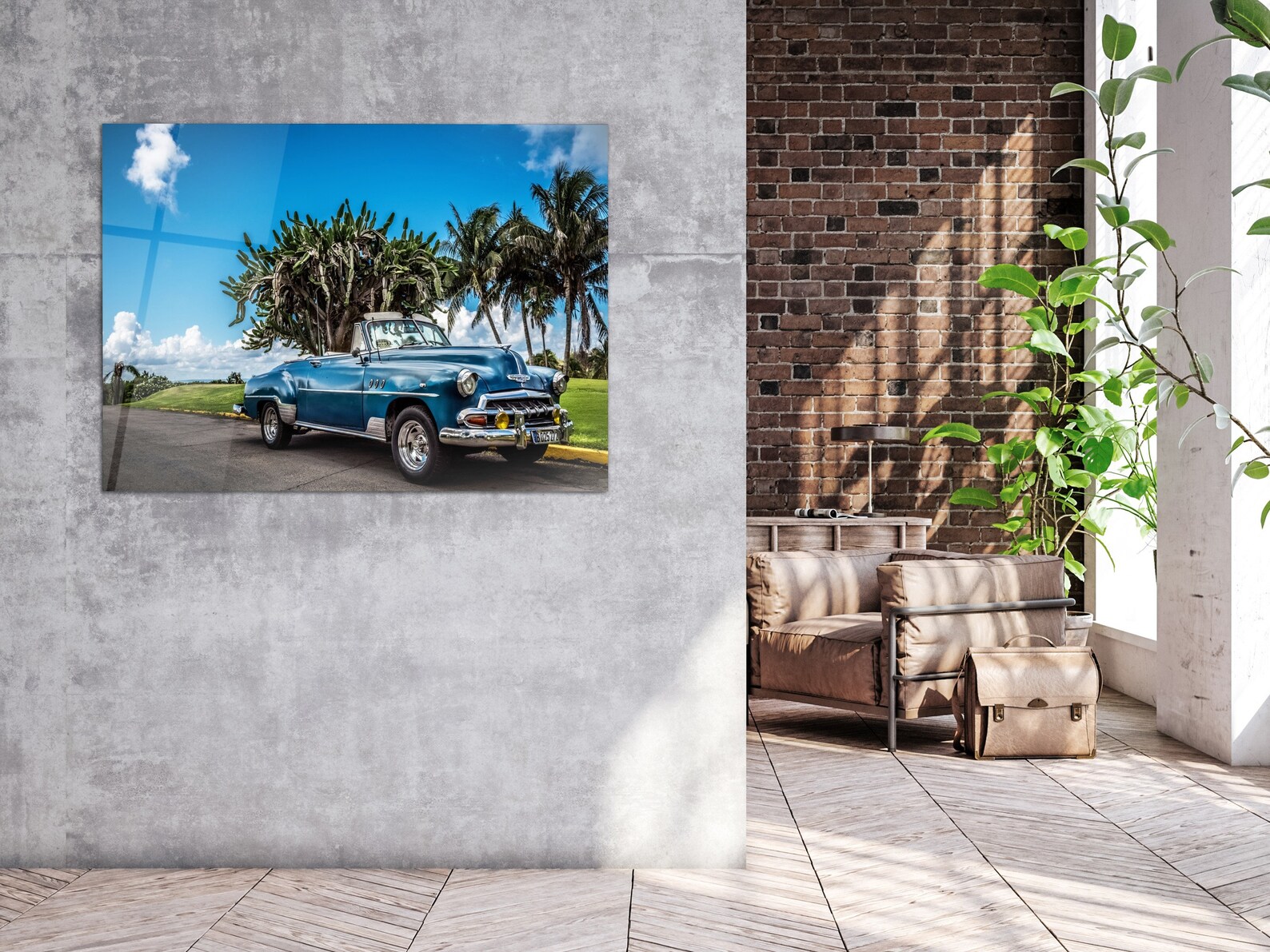 Blue Chevy in Heaven Glass Printing Wall Art Glass Wall Art Wall ...