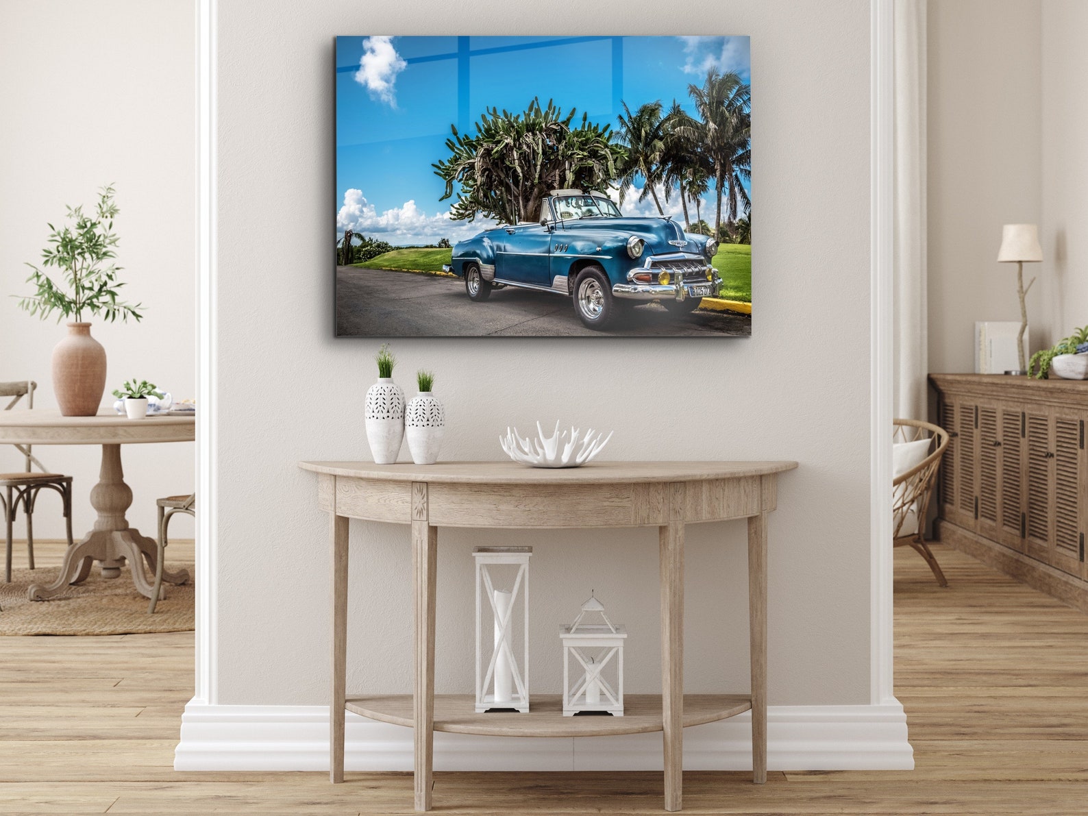 Blue Chevy in Heaven Glass Printing Wall Art Glass Wall Art Wall ...