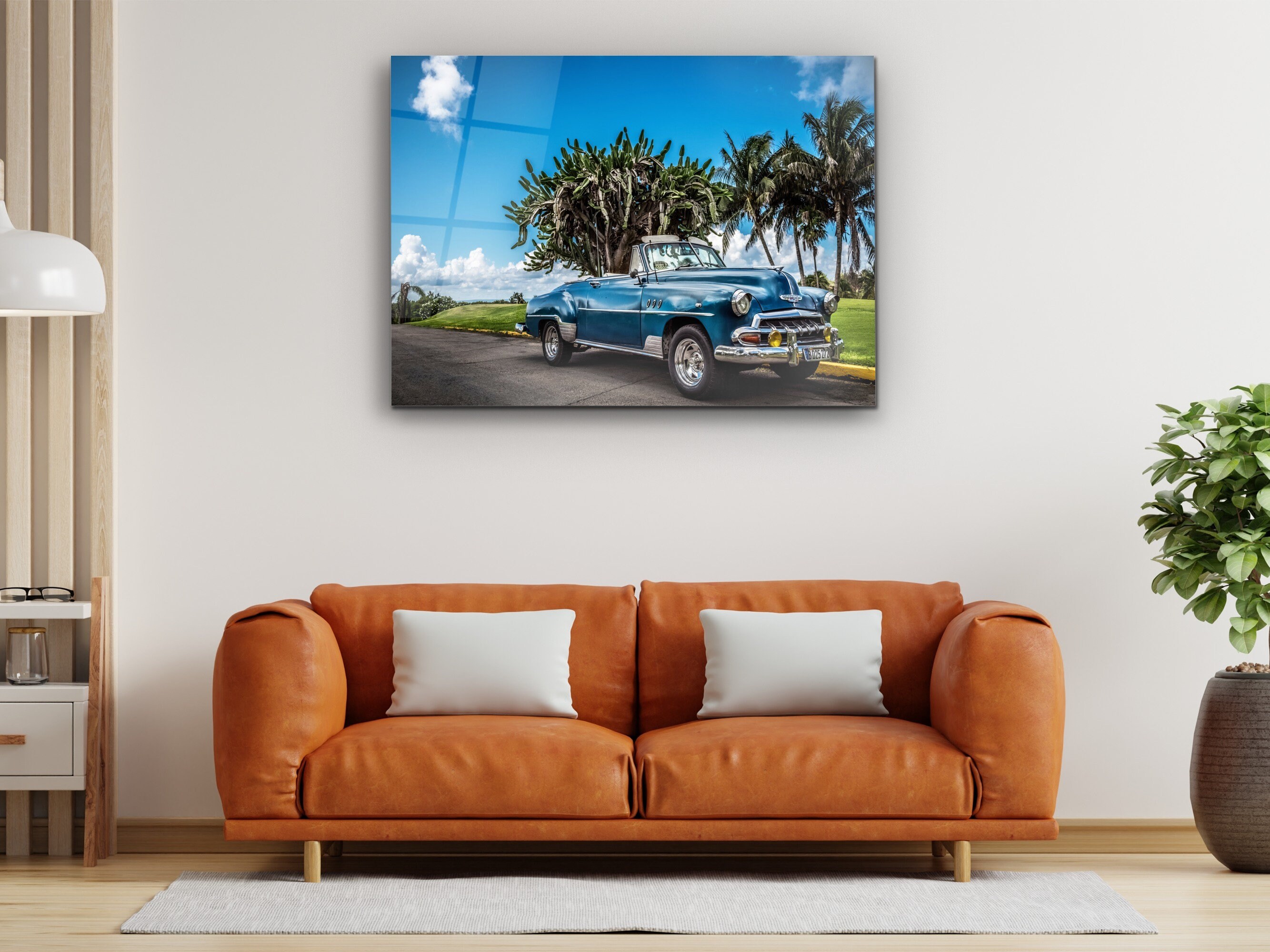Blue Chevy in Heaven Glass Printing Wall Art Glass Wall Art Wall ...