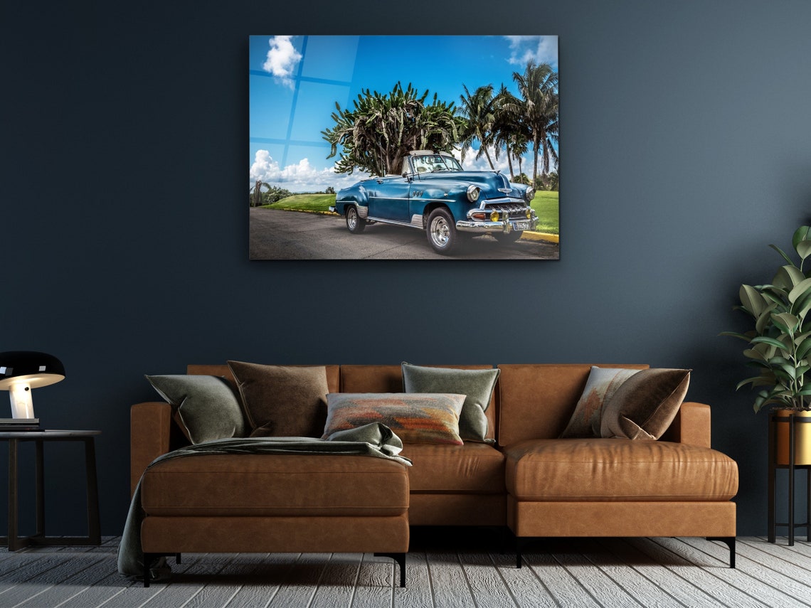 Blue Chevy in Heaven Glass Printing Wall Art Glass Wall Art Wall ...