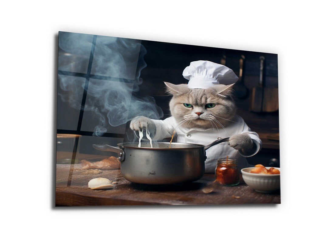 Chef Cat Glass Wall Art: Custom Pet Portrait, Kitchen Decor - Etsy
