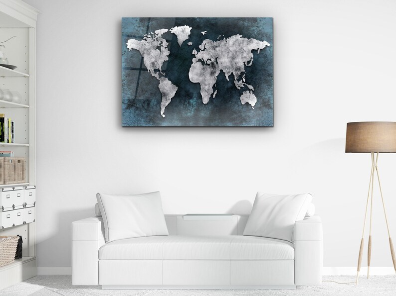 World Map Silver Blue Map Glass Wall Art housewarming Gift - Etsy