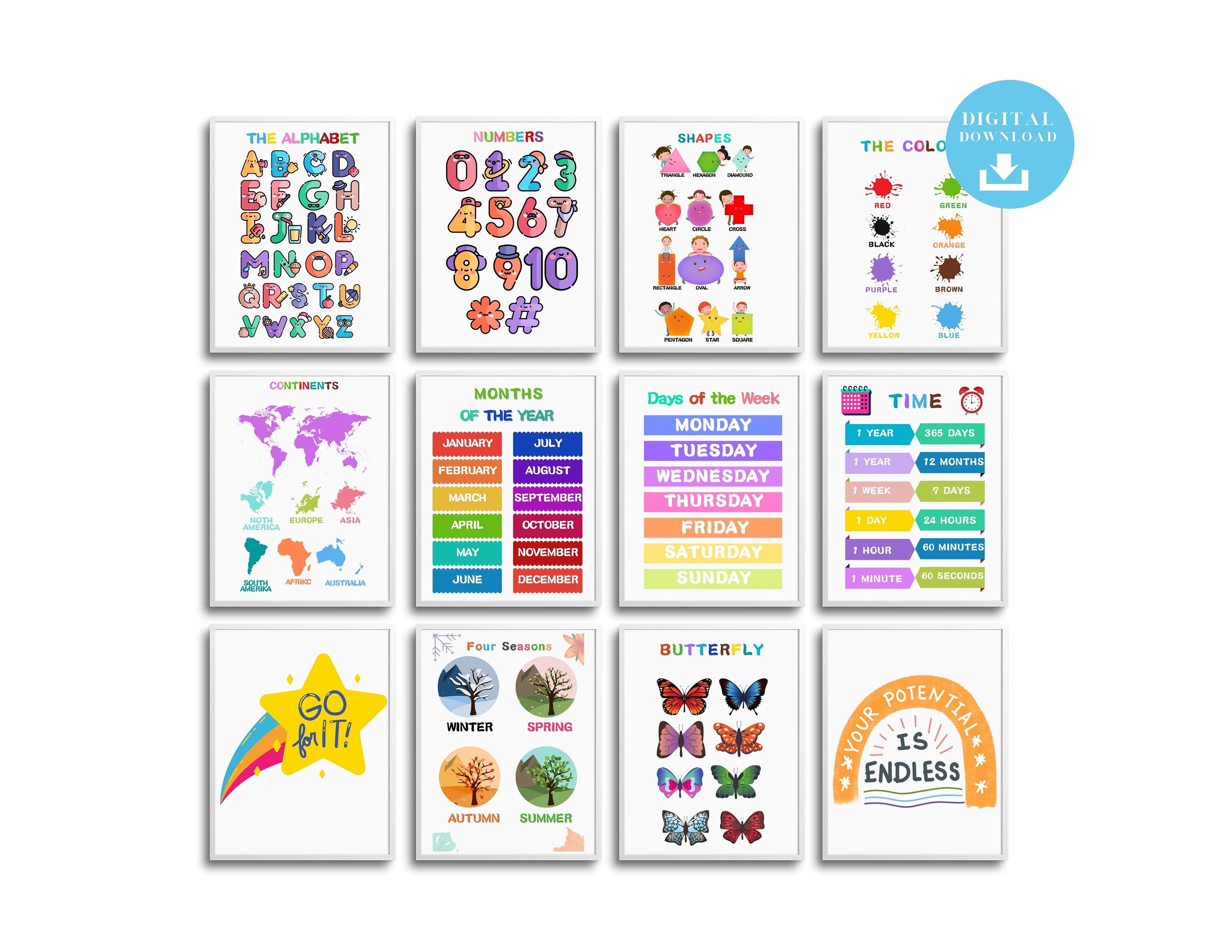 Educational Prints, Set of 12 Posters, Classroom Homeschool's Decor ...