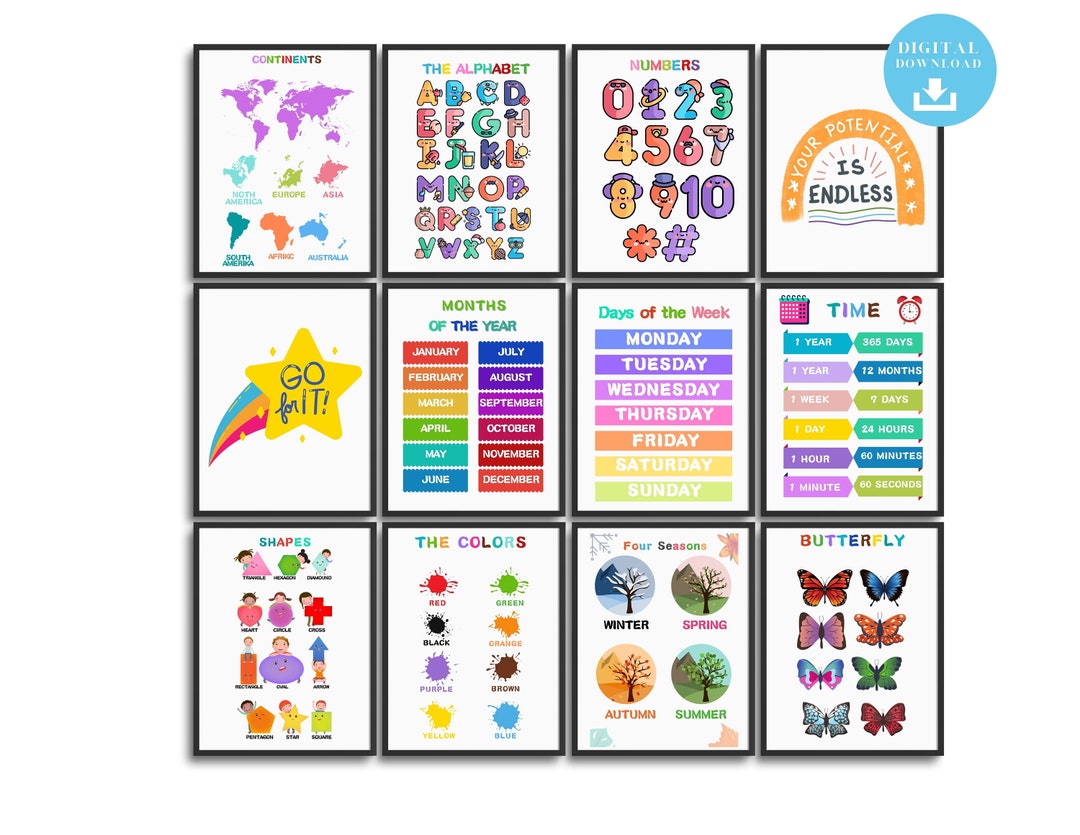 Educational Prints, Set of 12 Posters, Classroom Homeschool's Decor ...