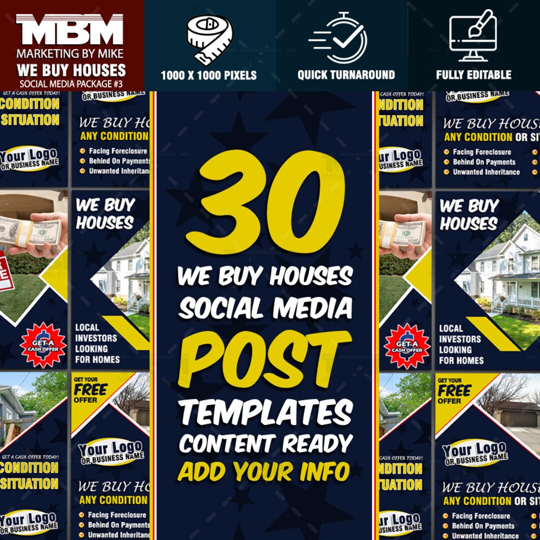 We Buy Houses Social Media Post Package | 30 Personalized Real Estate ...