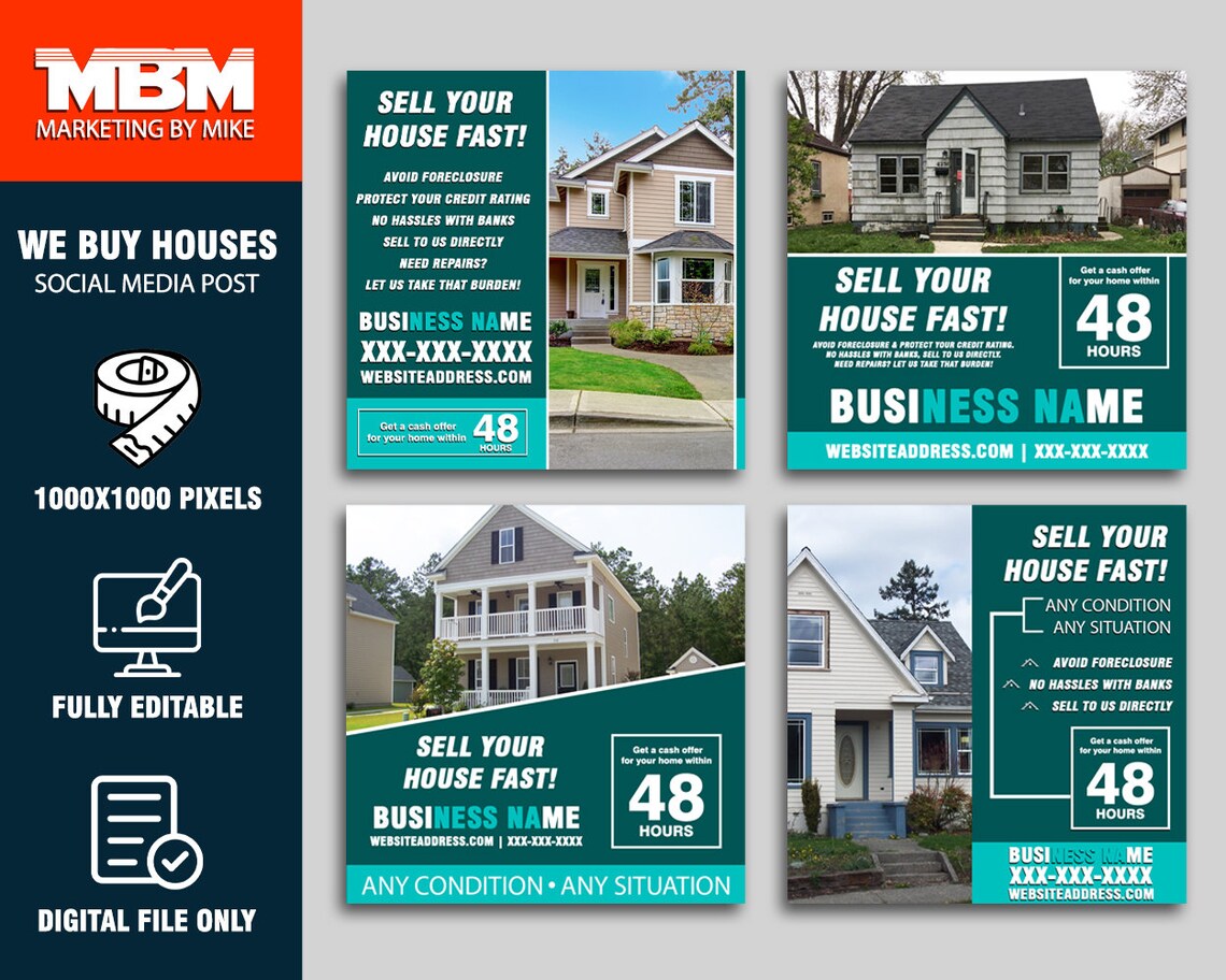 We Buy Houses Social Media Post Package 4 Personalized Real Estate ...