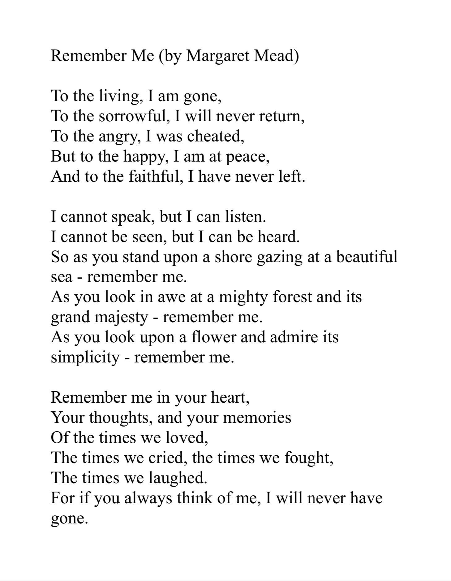 Remember Me by Margaret Mead PDF - Etsy UK