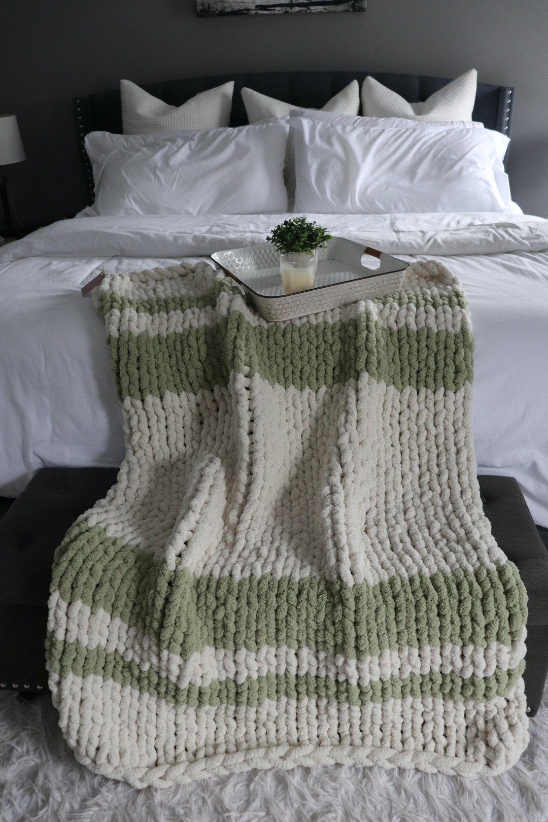 Chunky Knit Chenille Throw Blanket: Sage and Ivory, Warm Cozy Blanket ...