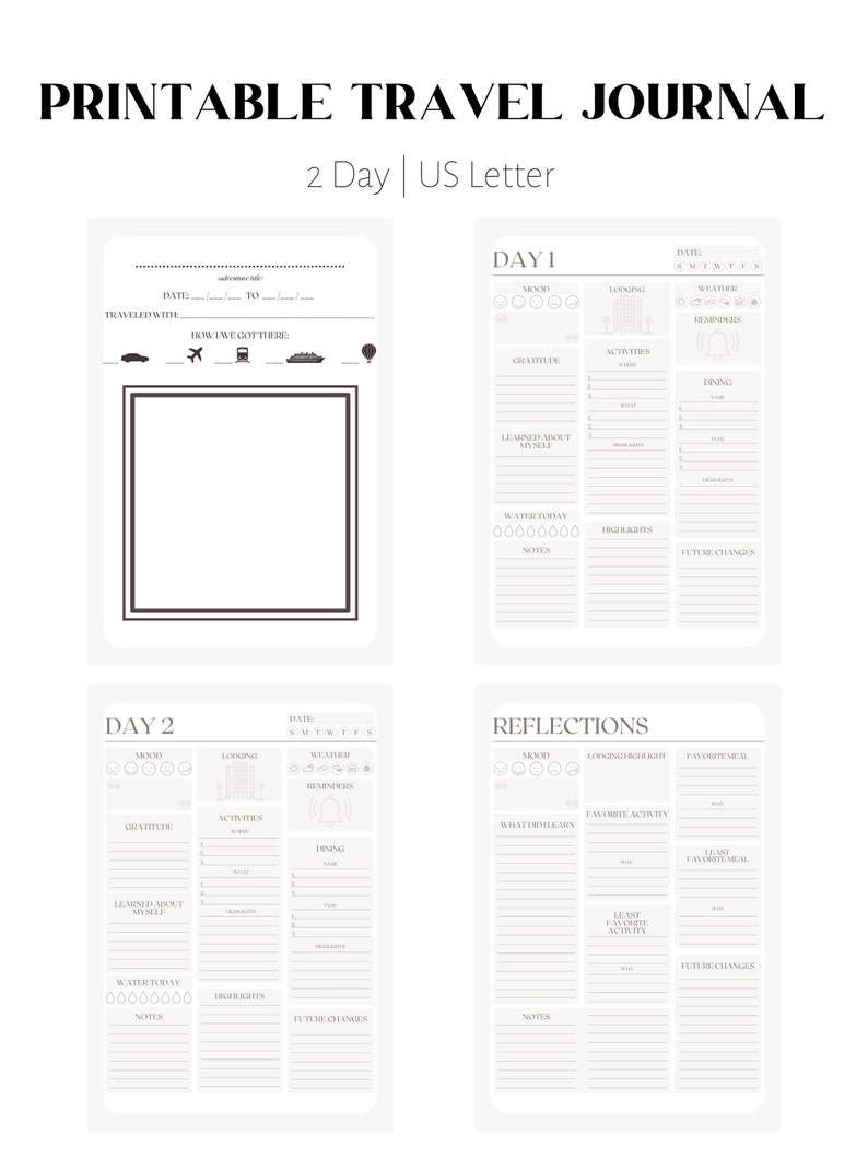 Printable 2 Day Travel Journal | Travel Itinerary Reflections ...