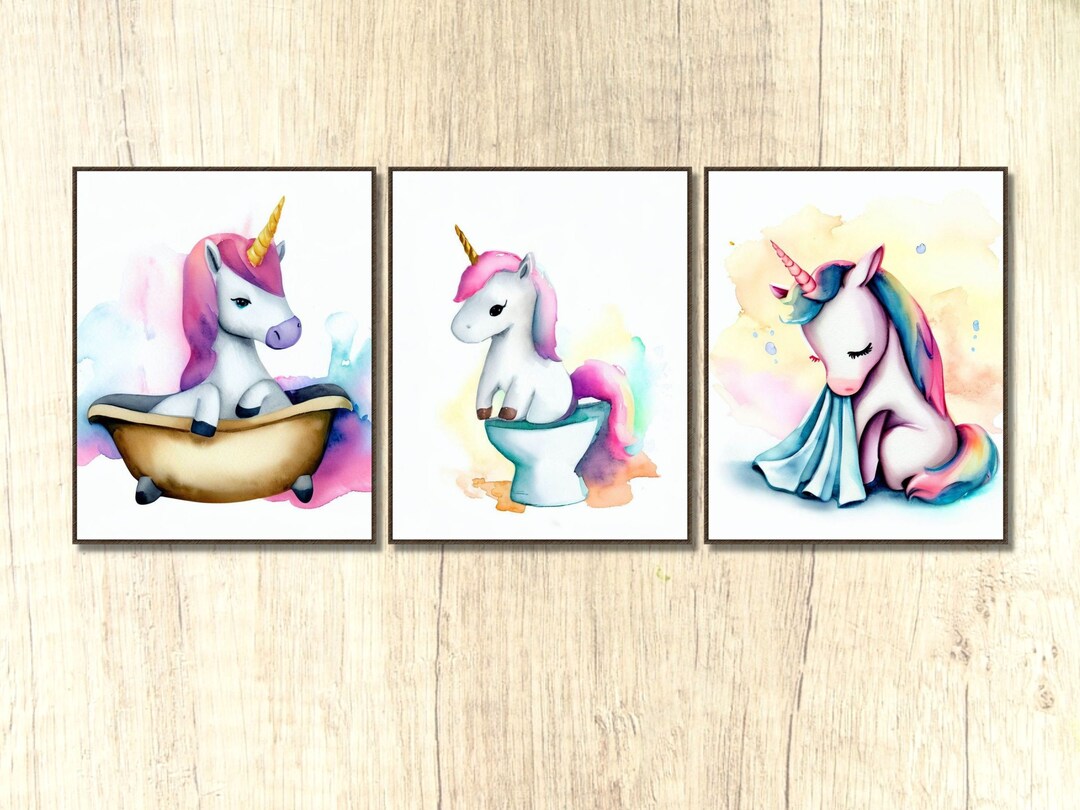 Unicorn Bathroom Art Set, Unicorn Print, Kids Bathroom Arts, Unicorn ...