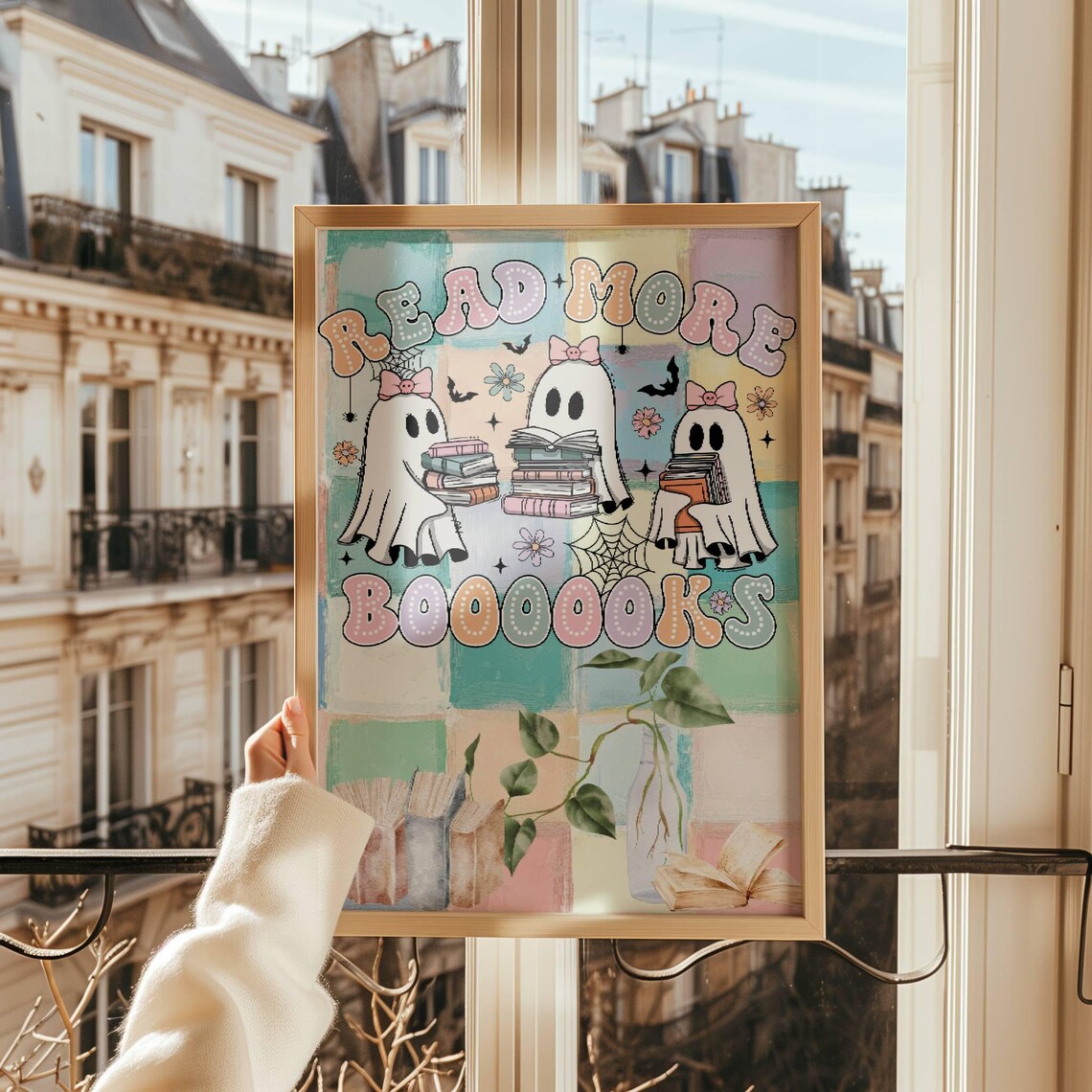 Library Ghost Print Cute Ghost Reading Books Print Digital Fun ...