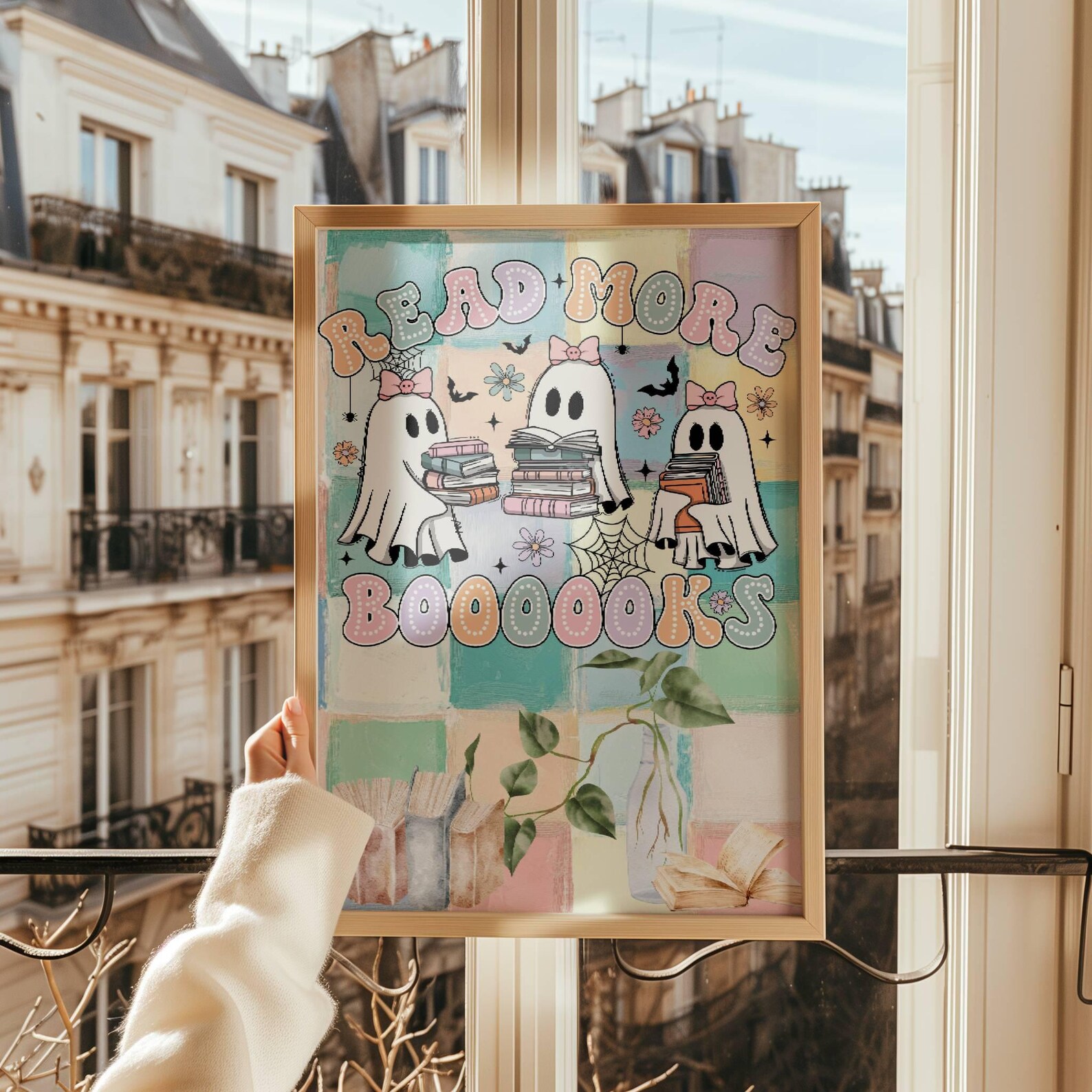 Library Ghost Print Cute Ghost Reading Books Print Digital Fun ...