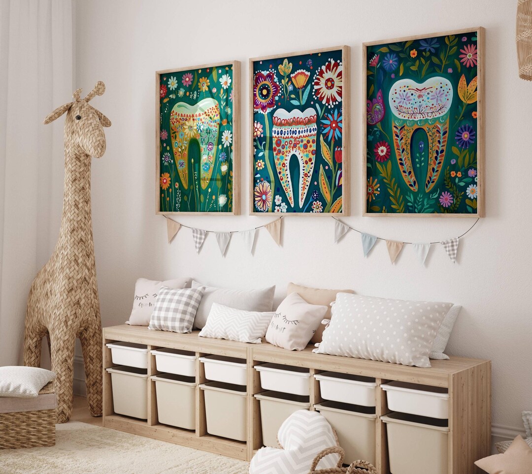 Abstract Tooth Art for Dental Office Set of 3 Floral Tooth Art for ...