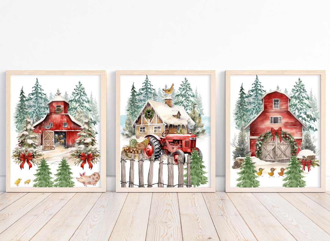 Winter Landscape Printable Set of 3, Watercolor Farm Print, Snowy ...