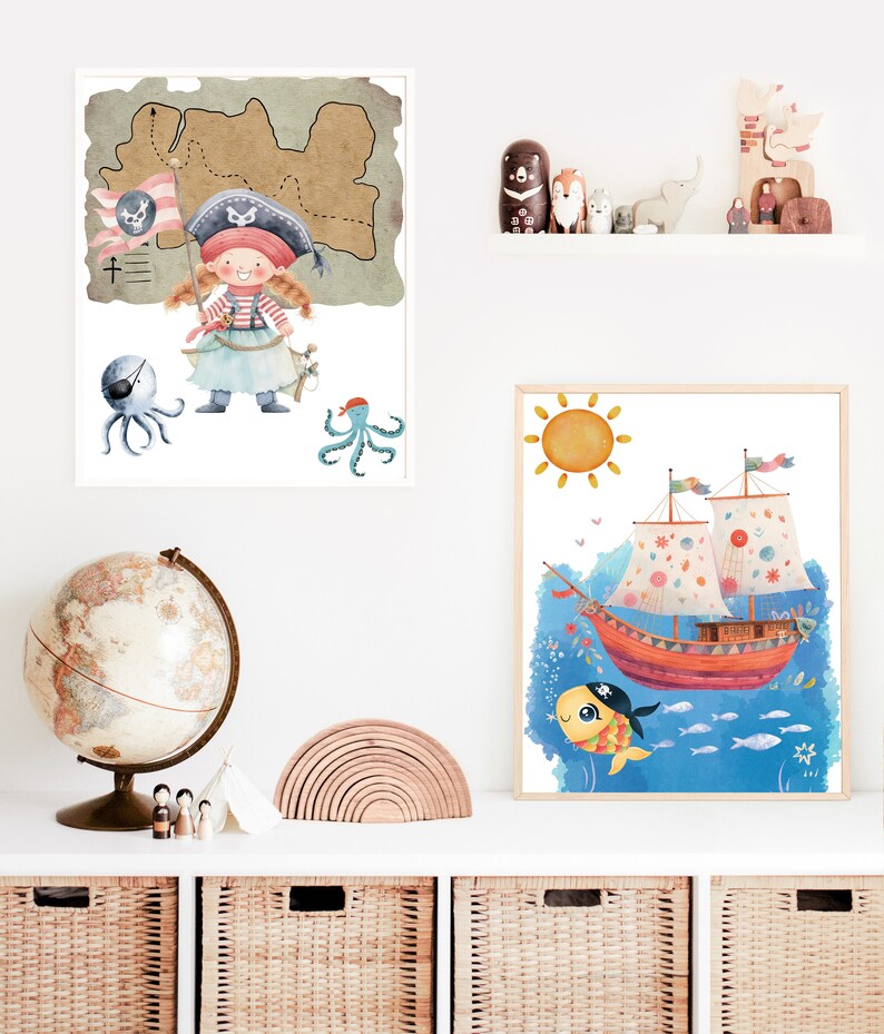 Pirate Nursery Wall Decor Set, Girl Nursery Decor, Pirate Wall Art Set ...