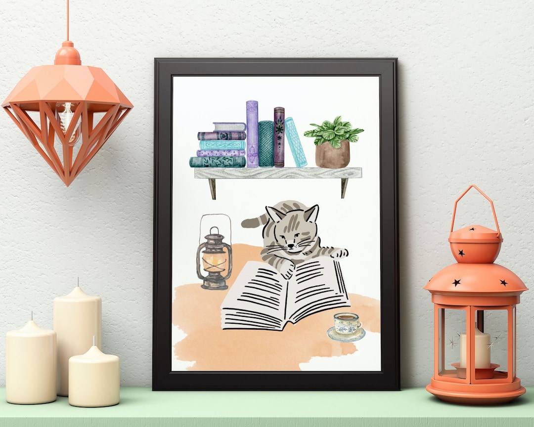 Whimsical Cat Reading A Book Watercolor Art Print Library Wall Art ...