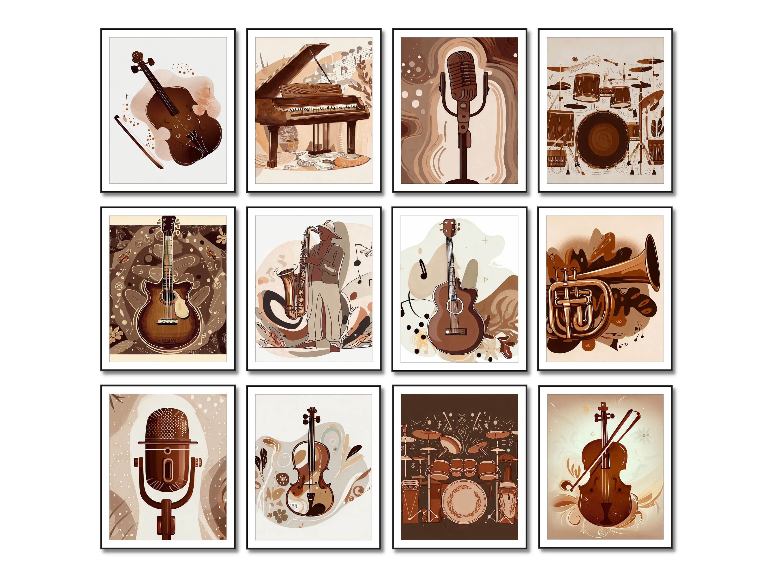 12 Music Wall Art Set, Abstract Musical Instruments Music Room Decor ...