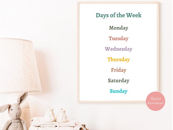 Days of the Week Poster for Kids Name of Week Weekday Name | Etsy